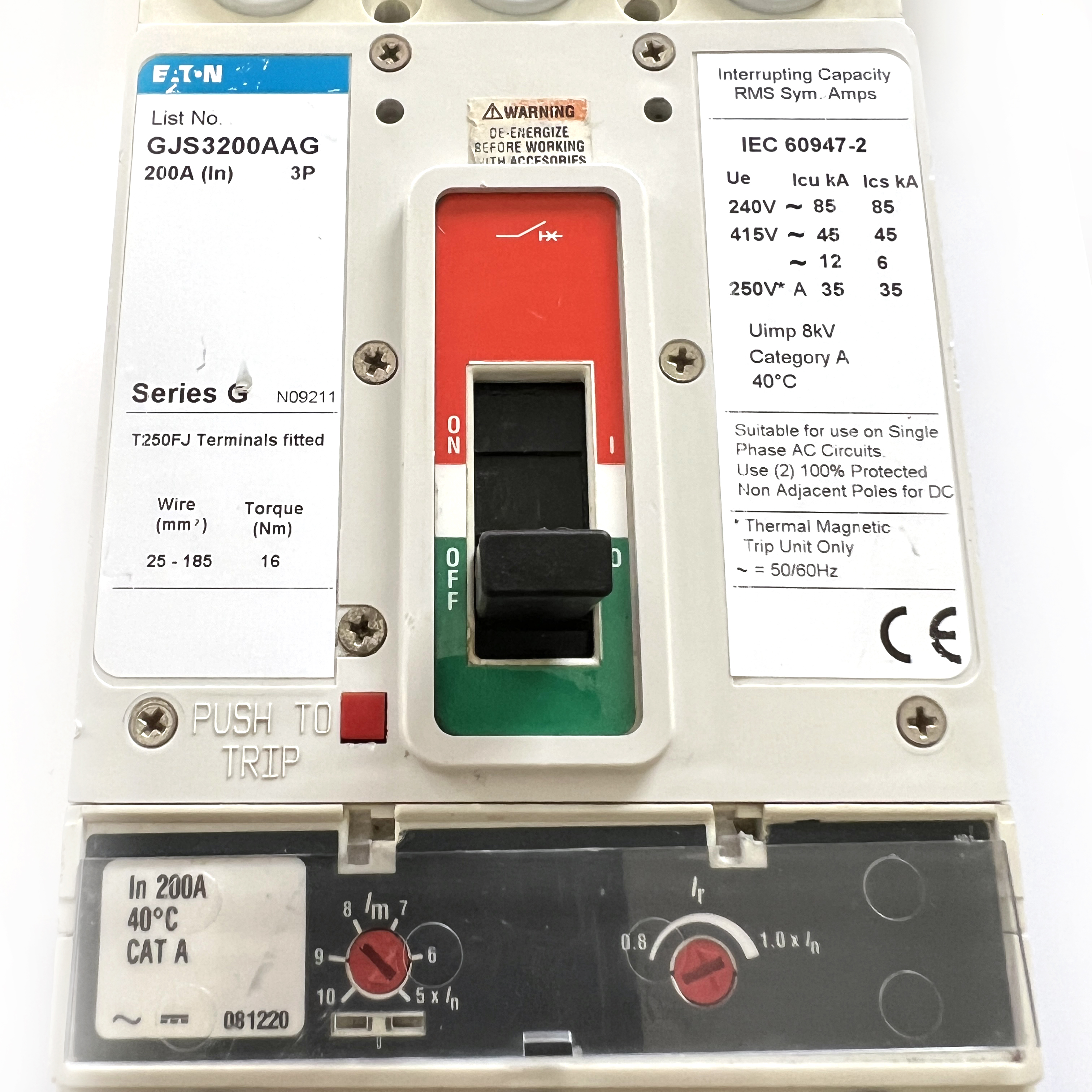 MCB's: Eaton MEM GJS3200AAG Series G 200A 200 Amp 3 Pole Phase MCCB ...